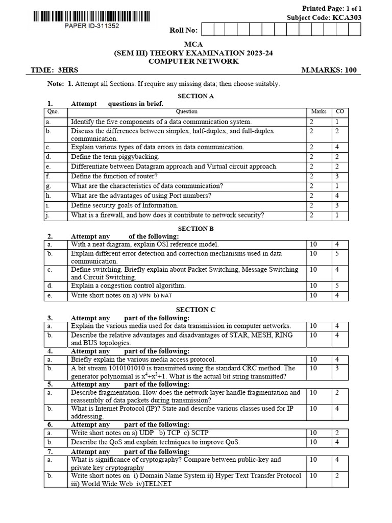 Mca 3 Sem Computer Network Kca 303 Mar 2024 | PDF | Computer Network | Internet Protocols