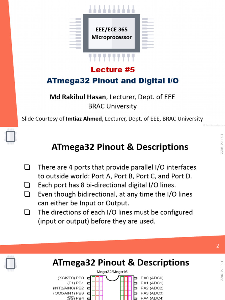 Lecture - 05 - ATmega32 Pinout and Digital IO | PDF | Input/Output | Computing