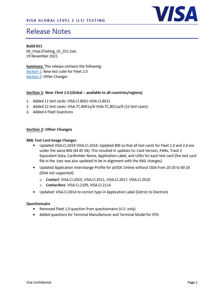 Visa L3 Testing Release Notes: Fleet 2.0 | PDF | Visa Inc. | Emv