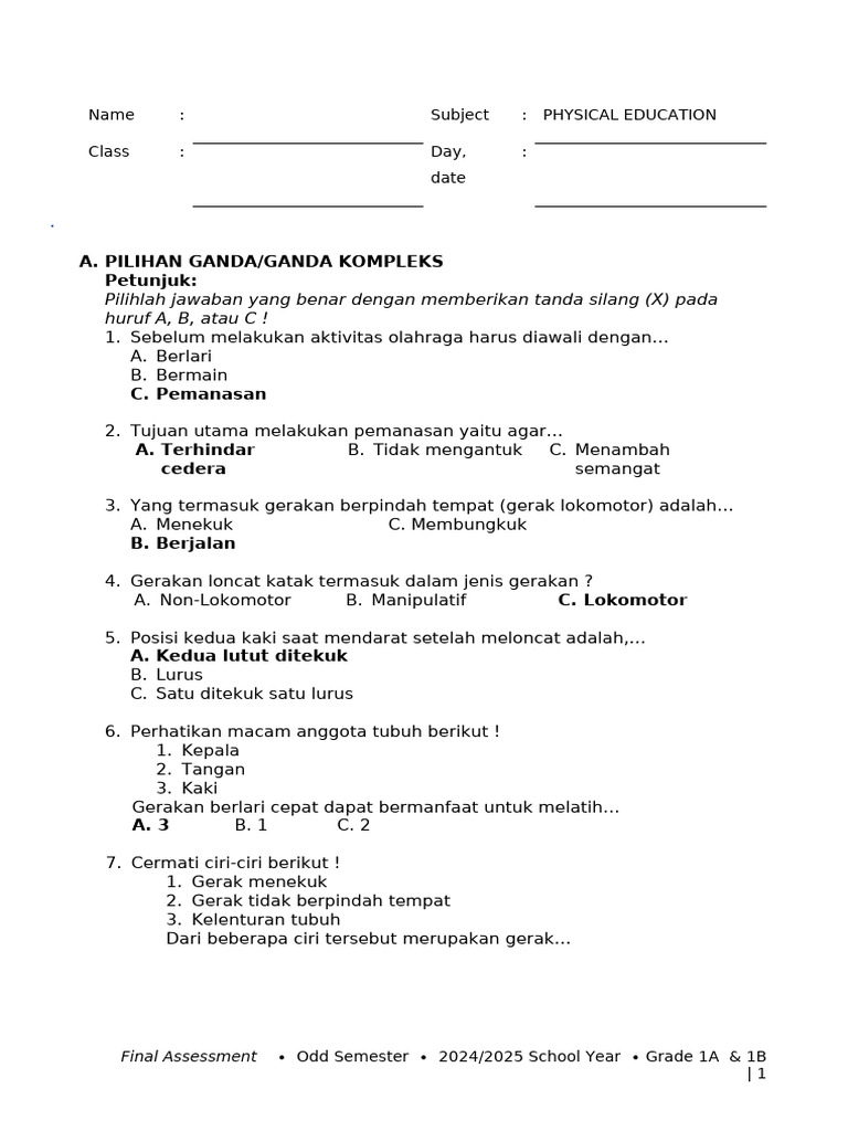 Pembahasan Latihan Soal Pas Pjok Kelas 1a & 1B | PDF