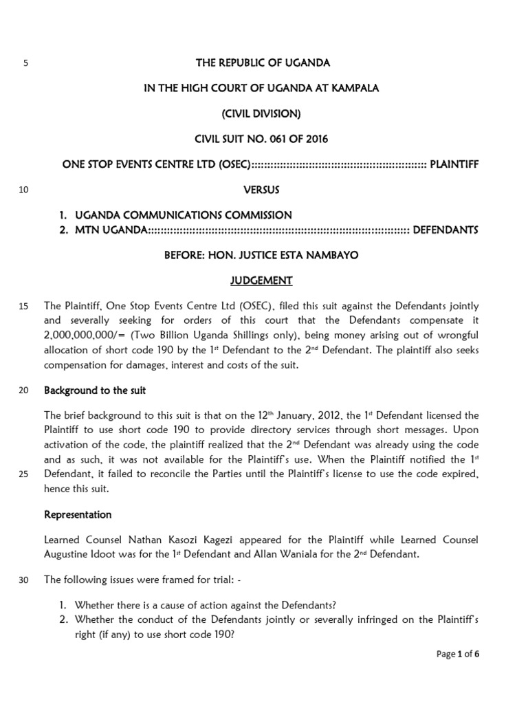 One Stop Event Centre LTD OSEC Vs UCC MTN Civil Suit No. 061 of 2016 ...
