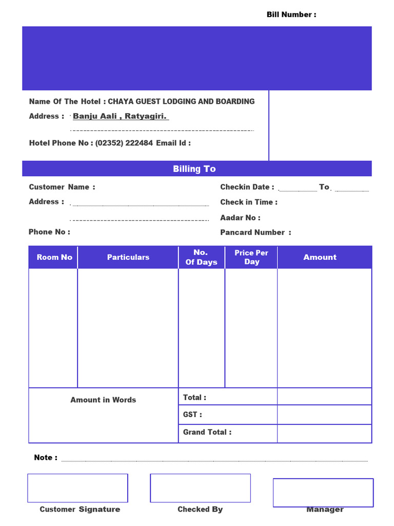 Hotel Bill Format in Word | PDF