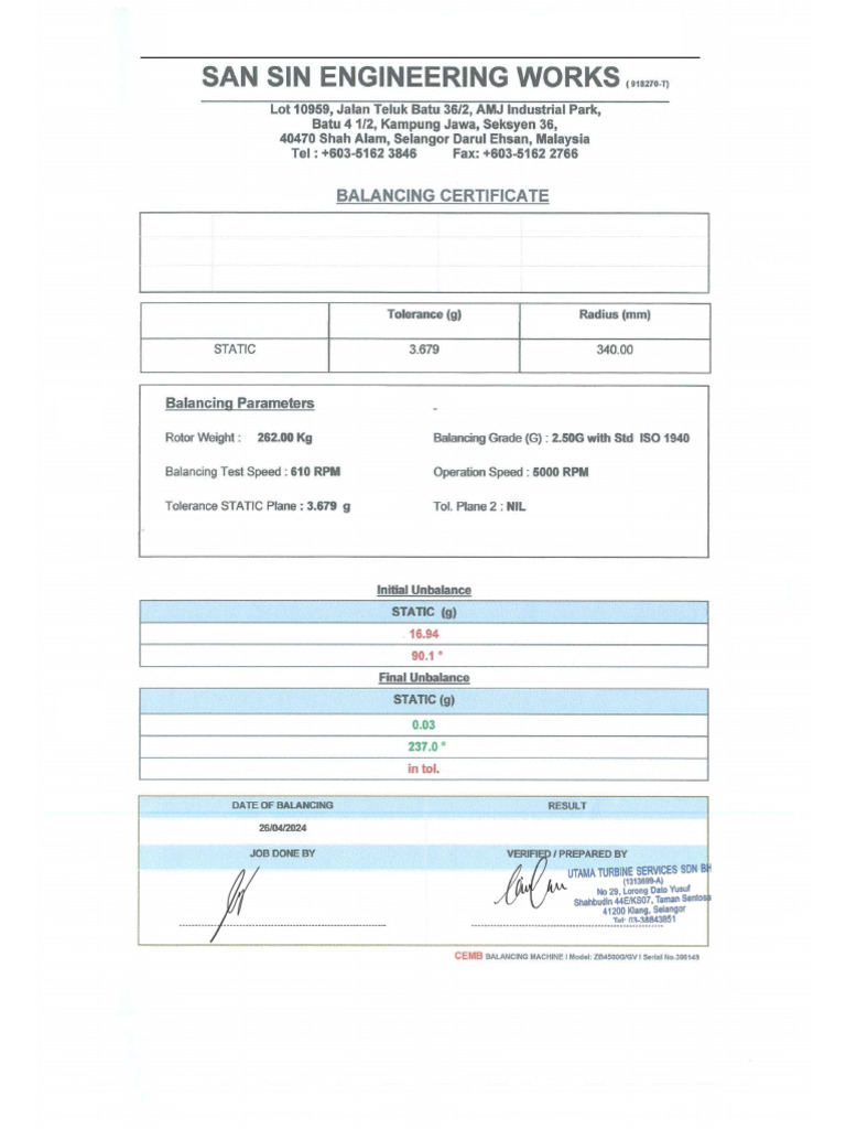 Ocean Hermana-1873-Dynamic Balancing Report | PDF