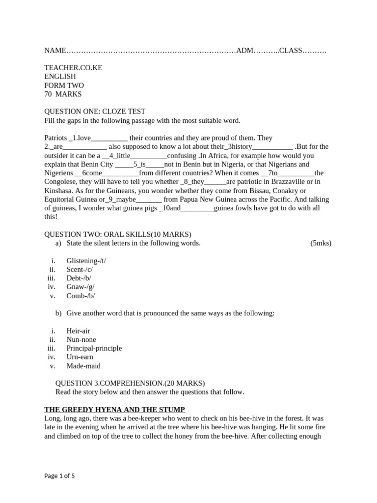 English Form 2 Term 1 Opener 2022 QN - Docx 1 | PDF