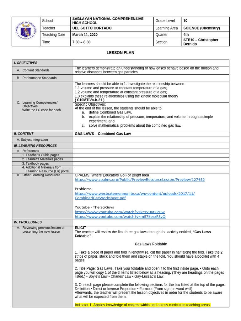 7E Lesson Plan Combined Gas Law | PDF | Gases | Educational Technology