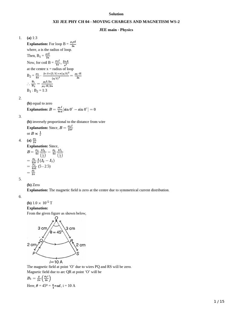 XII JEE Phy CH 04 Moving Charges and Magnetism WS 2 Magenetism Due | PDF | Magnetic Field ...