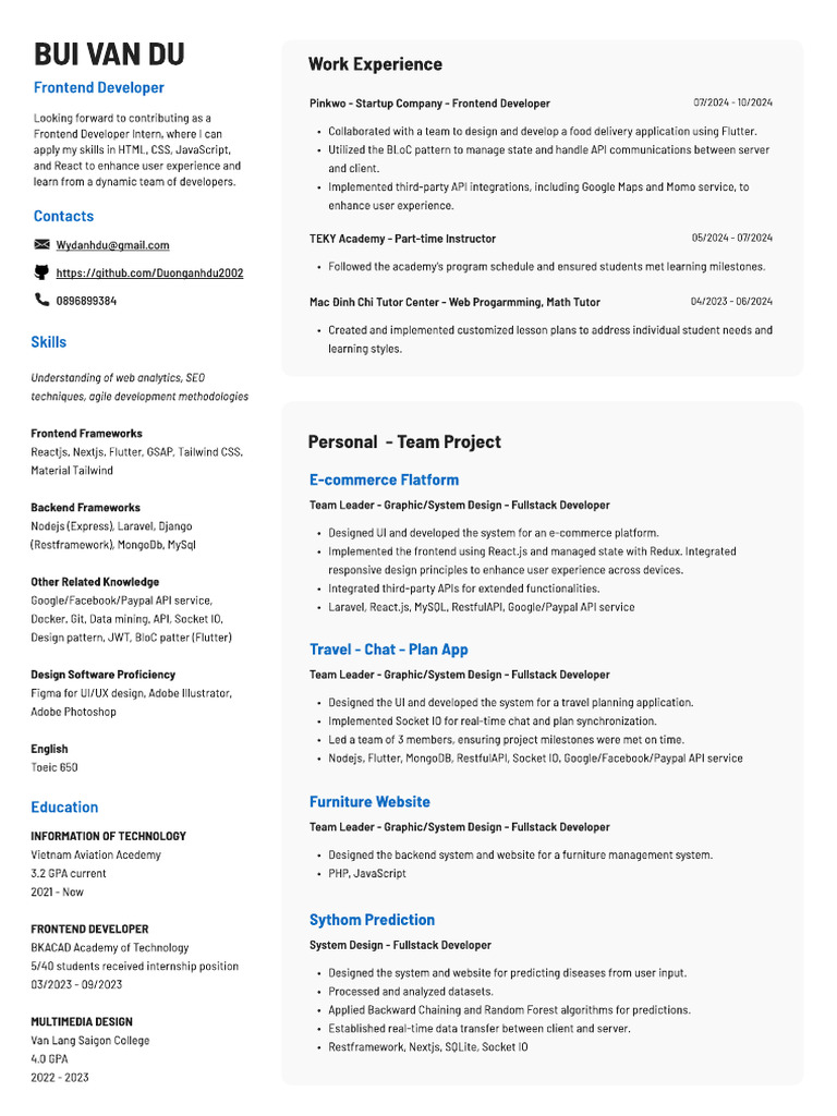 CV - Frontend Developer - Bui Van Du | PDF | Computing | World Wide Web