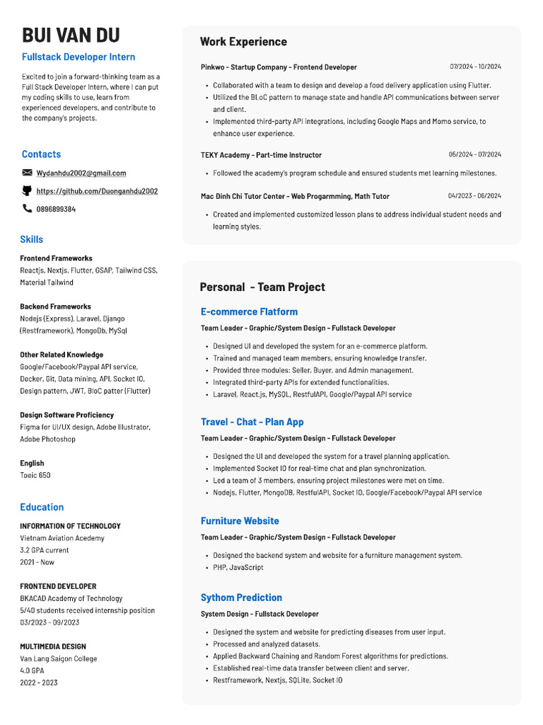 CV - Fullstack Deveploper Intern - Bui Van Du | PDF | Web Development | Systems Architecture
