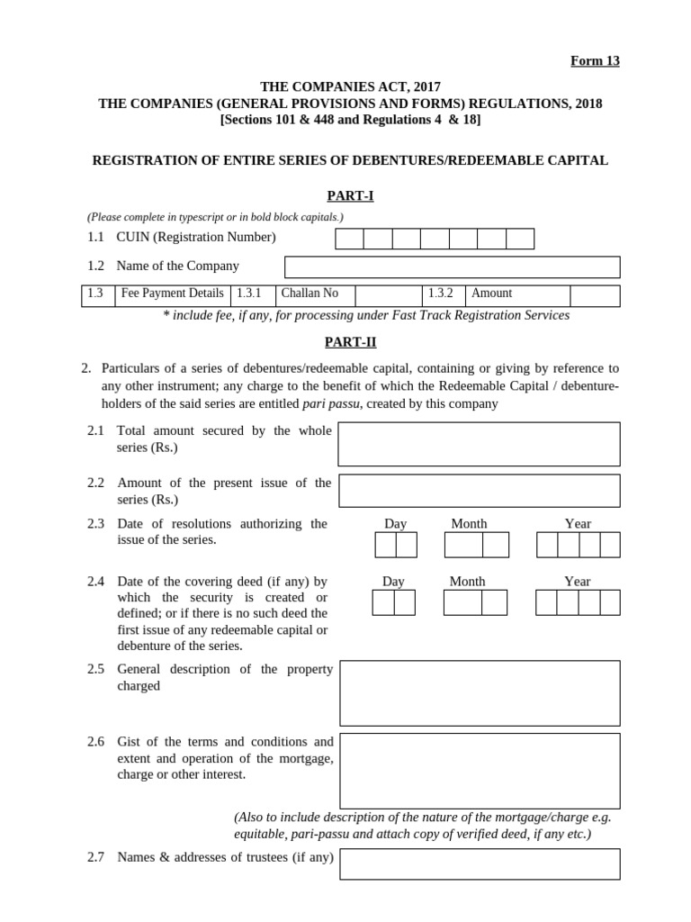 Form 13 - Registration of entire series of debentures redeemable ...