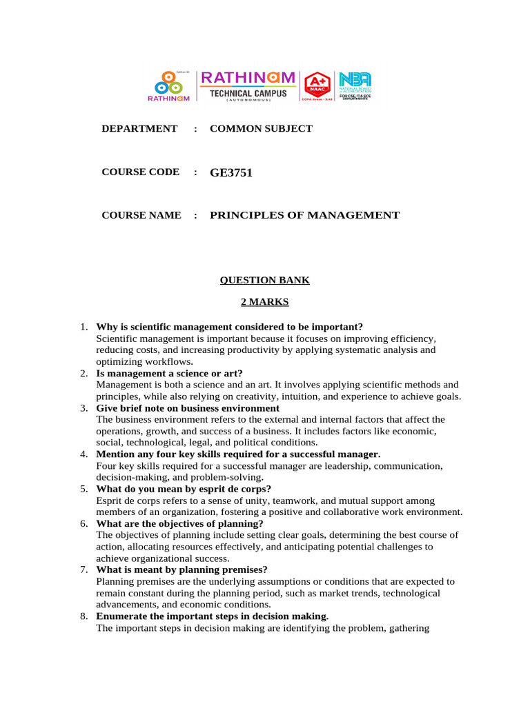 Ge3751 Principles of Management Answer Key | PDF | Motivation ...