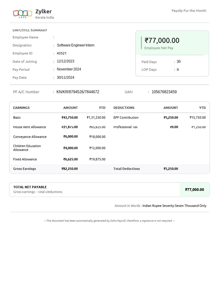 Pay Slip (November) Zoho | PDF