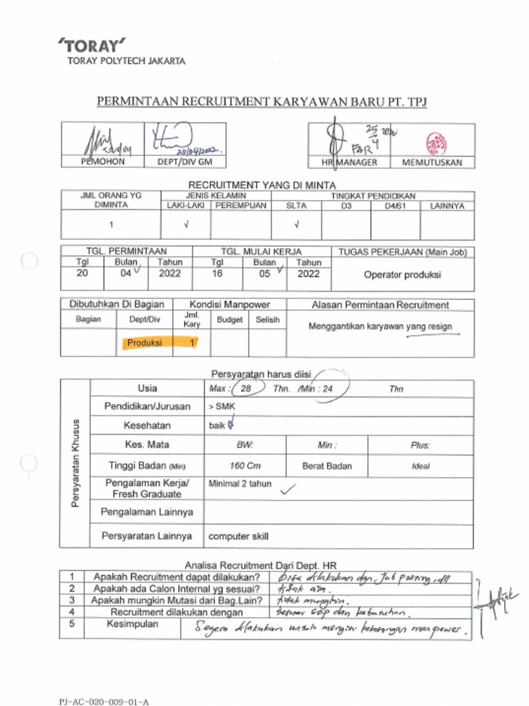 Contoh Form Permintaan Karyawan Baru | PDF