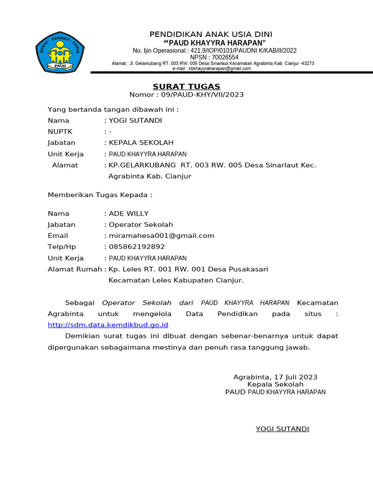 Surat Tugas Operator Ke Dinas - Paud KAYYRA HARAPAN 2023 | PDF