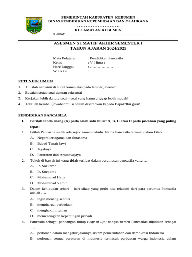 Soal Sas Pendidikan Pancasila | PDF