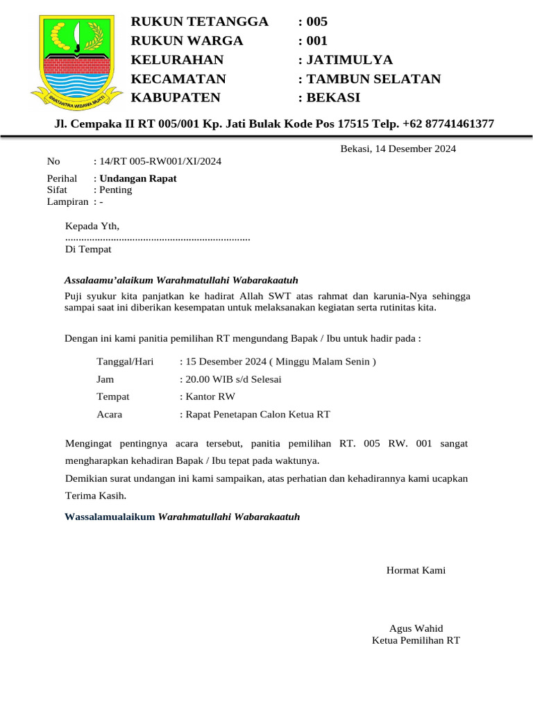 Undangan Rapat Penetapan Ketua RT | PDF
