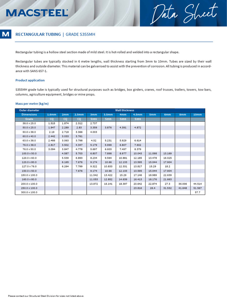 S355MH Rectangular Tube Sizes Chart | PDF | Pipe (Fluid Conveyance ...