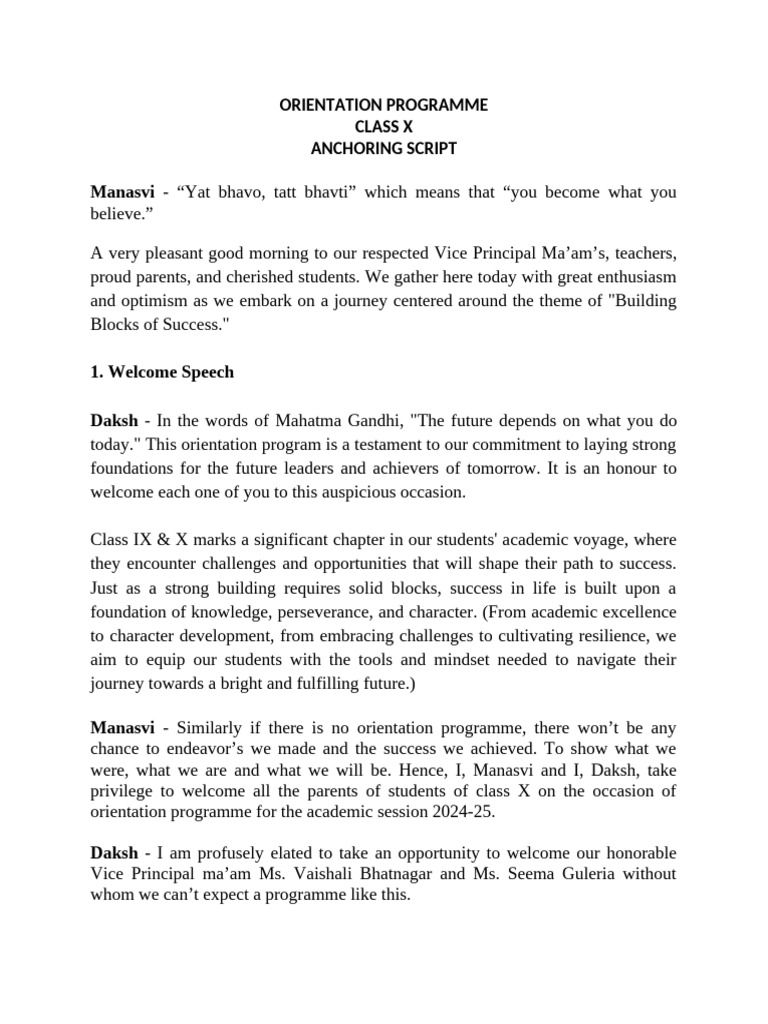 Orientation Programme Script Class X 24-25 | PDF | Pedagogy