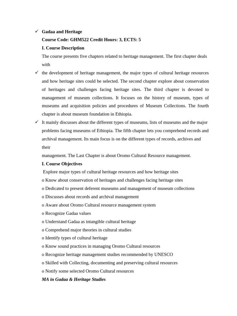 Gadaa and Heritage Course Outline | PDF | Cultural Heritage | Museum