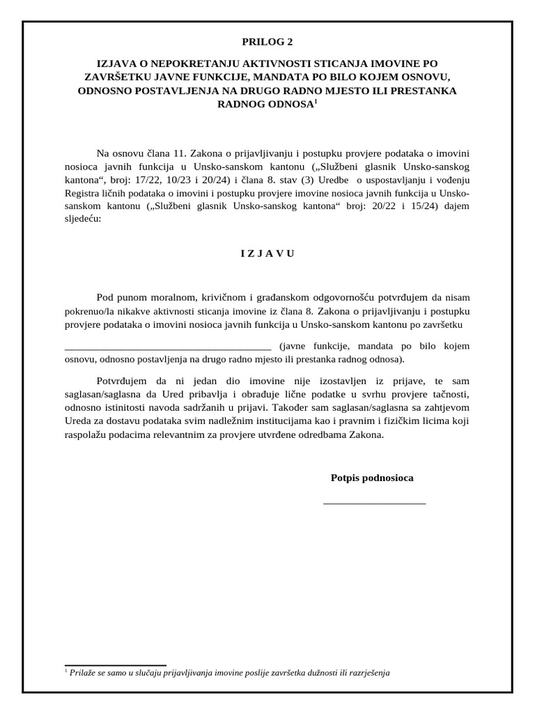 Prilog 2. Izjava o Nepokretanju Aktivnosti Sticanja Imovine | PDF