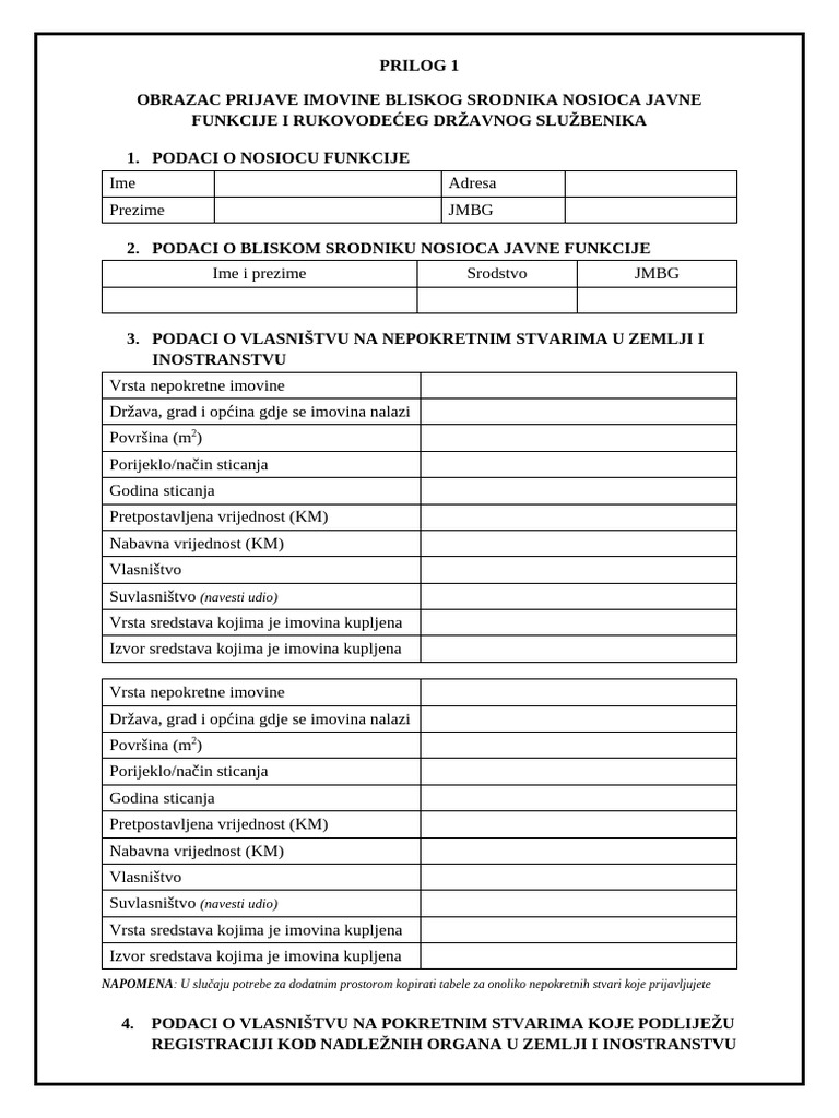 3. Prilog 1. Obrazac Prijave Imovine Bliskog Srodnika | PDF