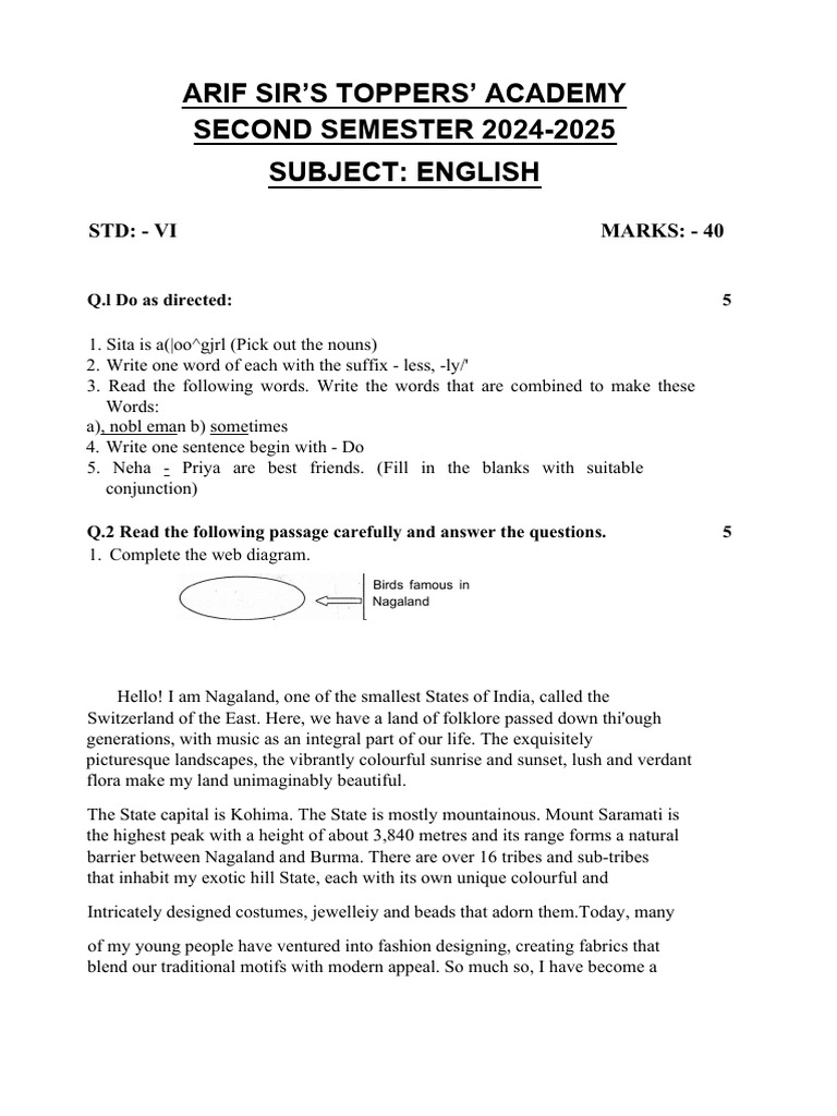 6th English Paper 2 | PDF