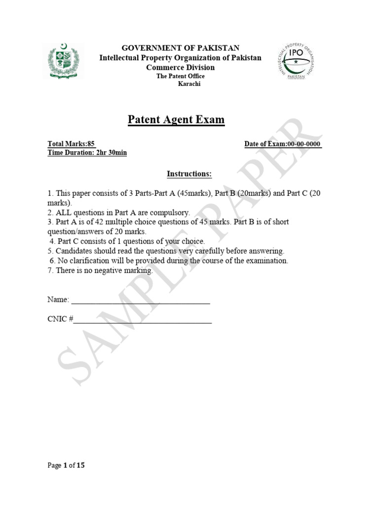 Sample Paper Patent Agent Exam | PDF | Glossary Of Patent Law Terms ...