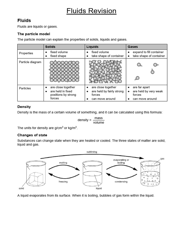 Year 8 Fluids Summary Sheet | PDF | Liquids | Gases