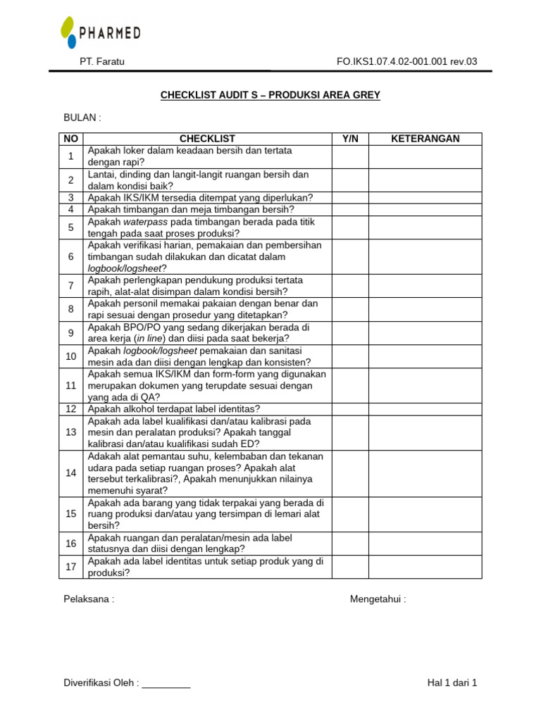 CHECKLIST AUDIT S Produksi Area GREY | PDF