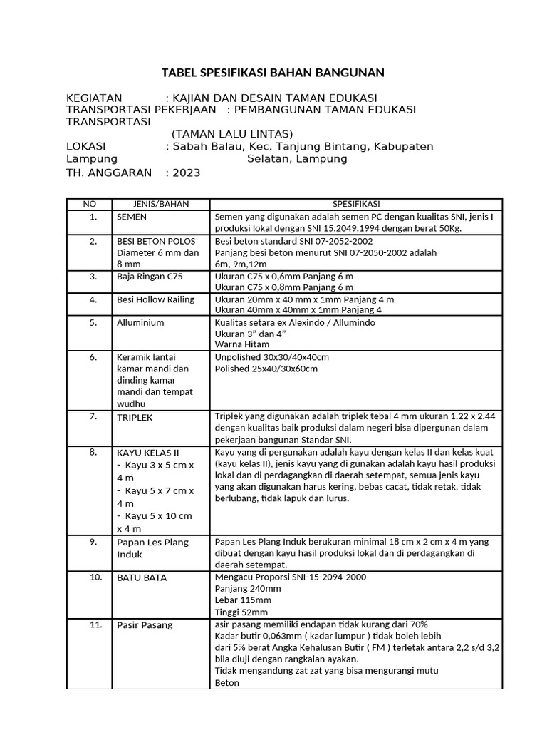 20230323-TELL-LapAkhir - L4-Tabel Spek-Bahan Bangunan | PDF