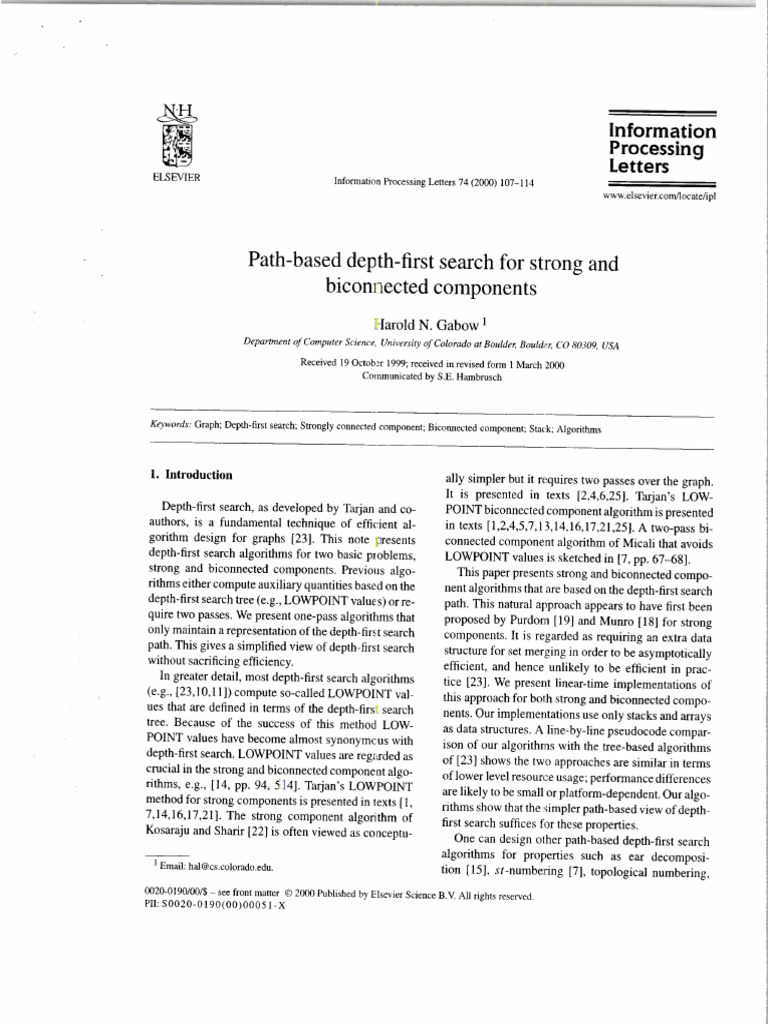 Harold Gabow - Path-based depth-first search for strong and biconnected components (2000) | PDF