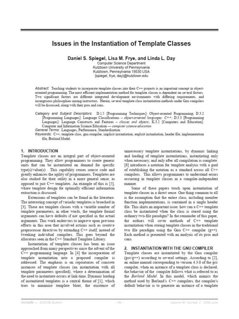 Issues In The Instantiation Of Template Classes Pdf Class Computer Programming C