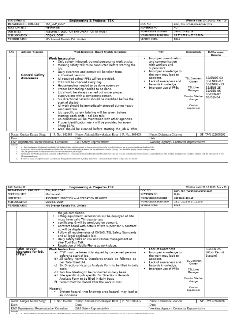 Hoist Assembly Safety Protocols | PDF | Occupational Safety And Health ...