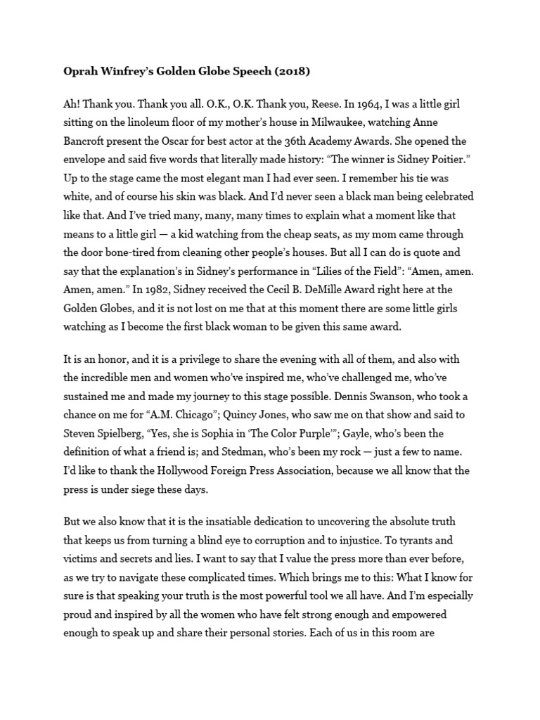 Oprah Winfrey's Golden Globe Speech (2018) | PDF