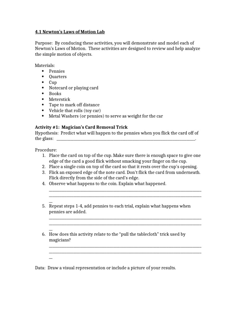 (4.1 Newtons Laws of Motion Lab | PDF | Mass | Force