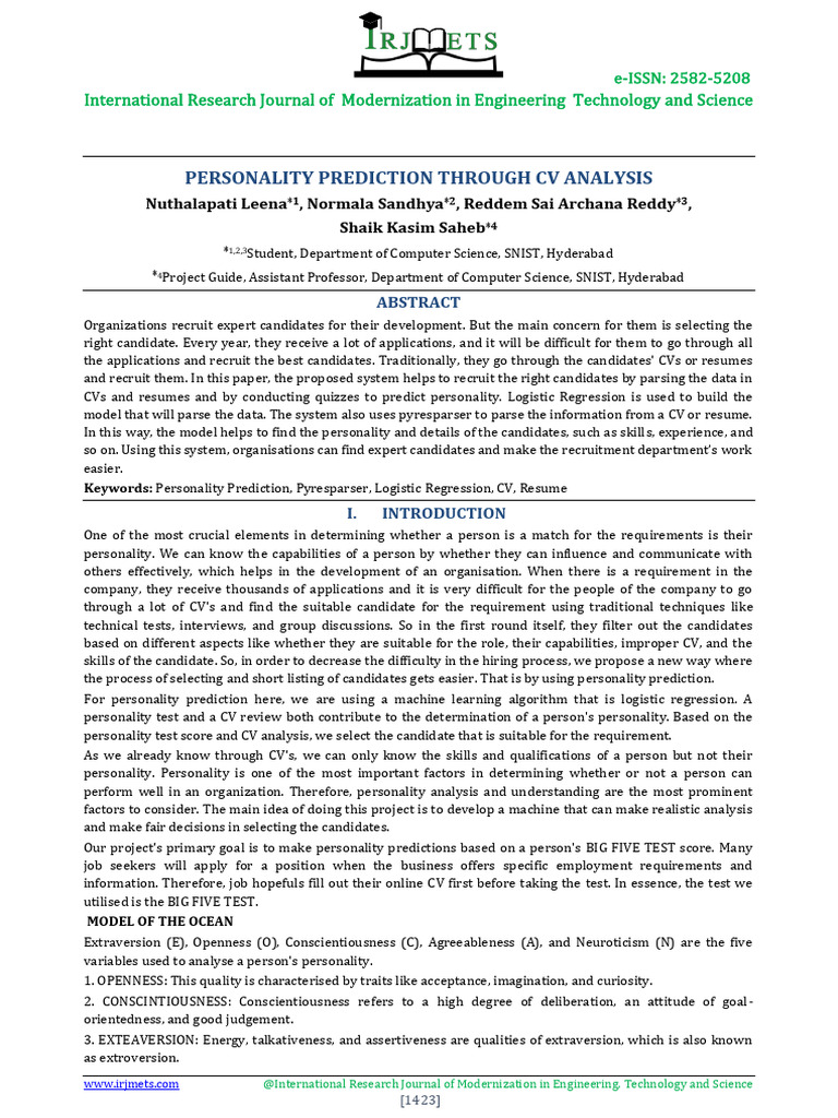 Personality Prediction System Via CV Analysis | PDF | Machine Learning | Extraversion And ...