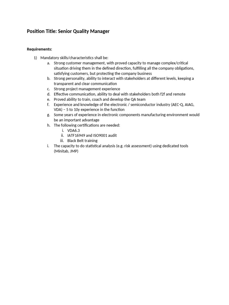 Senior Quality Manager Position Overview | PDF