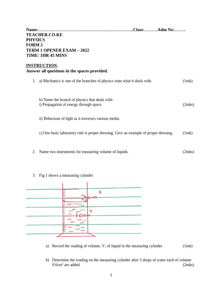 Physics Form 2 Term 1 Opener 2022 QN | PDF | Pressure | Gases