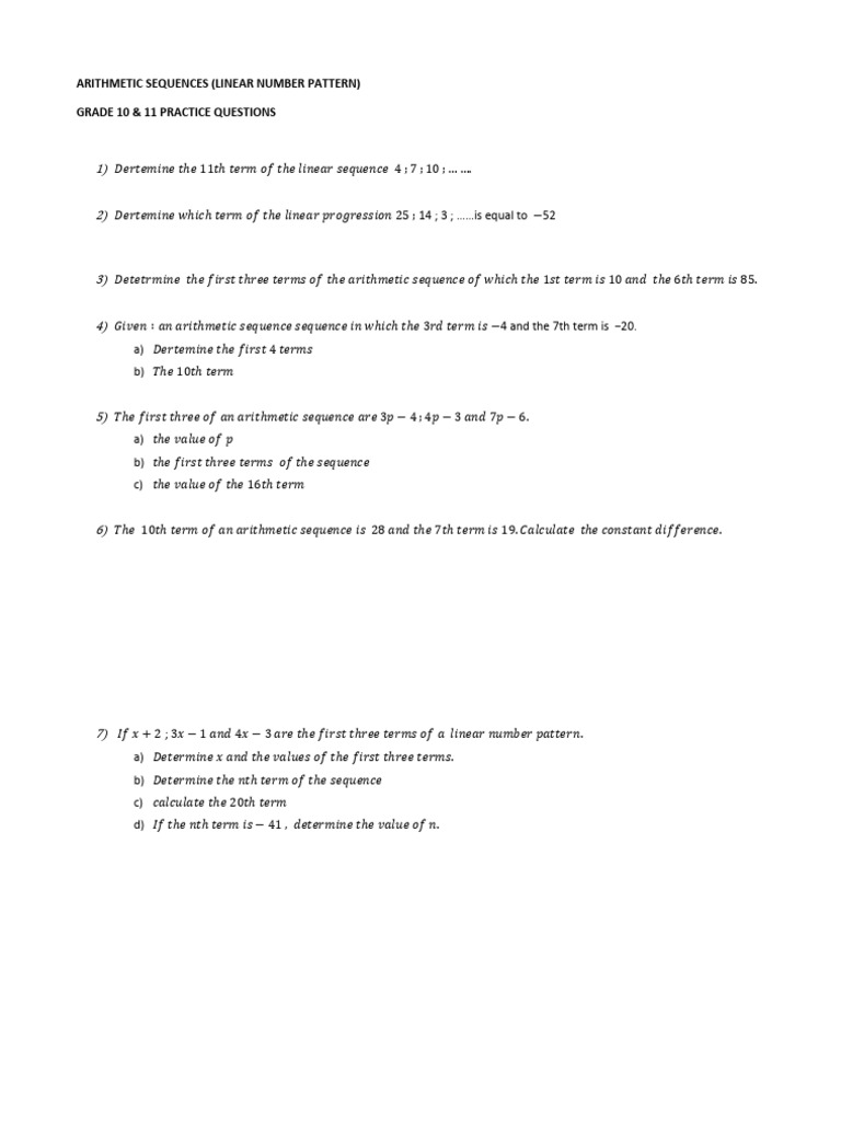 Arithmetic Sequences g10 and g11 Questions | PDF