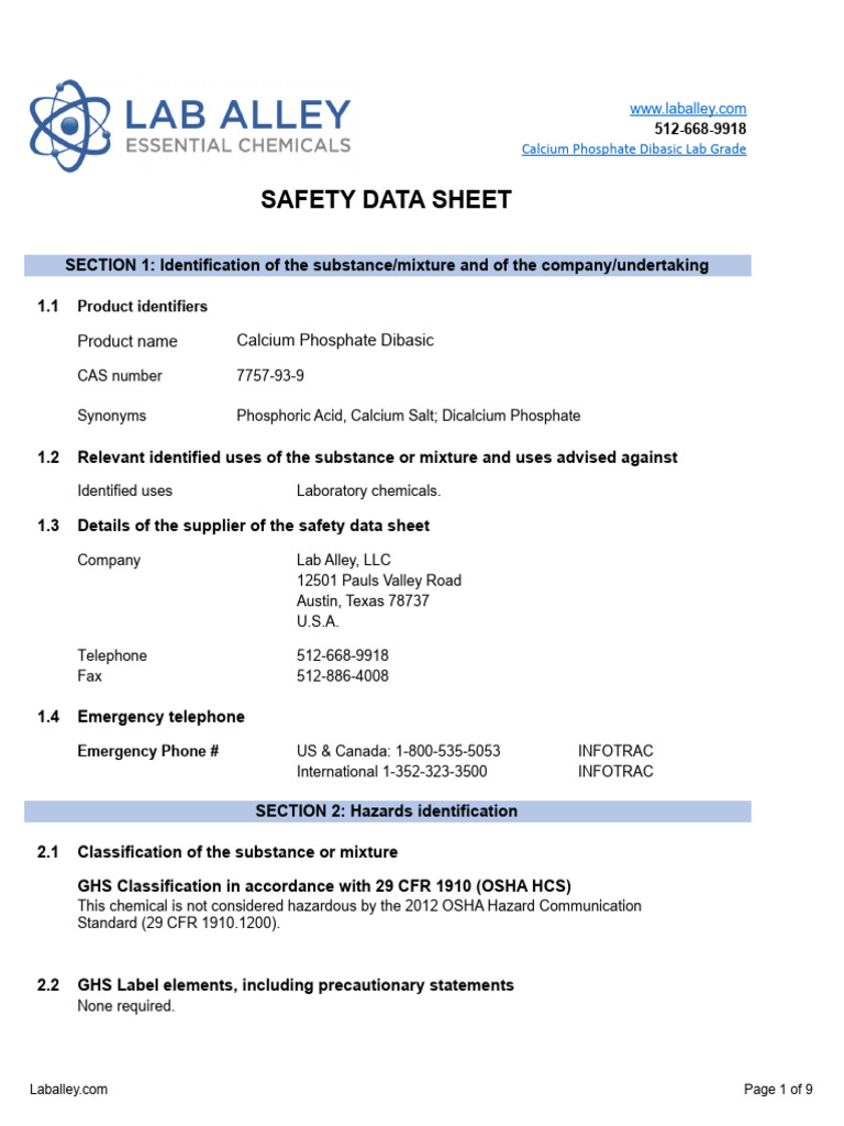 Calcium Phosphate Dibasic SDS | PDF | Dangerous Goods | Personal ...
