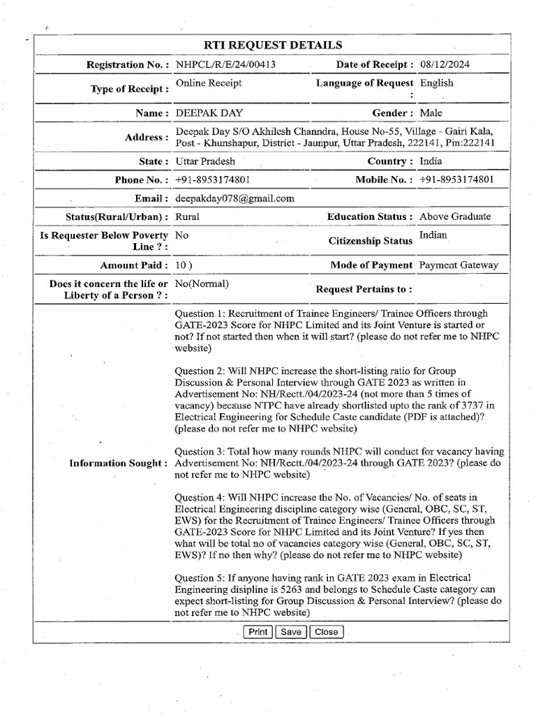 RTI Application of Sh. Deepak Day. | PDF