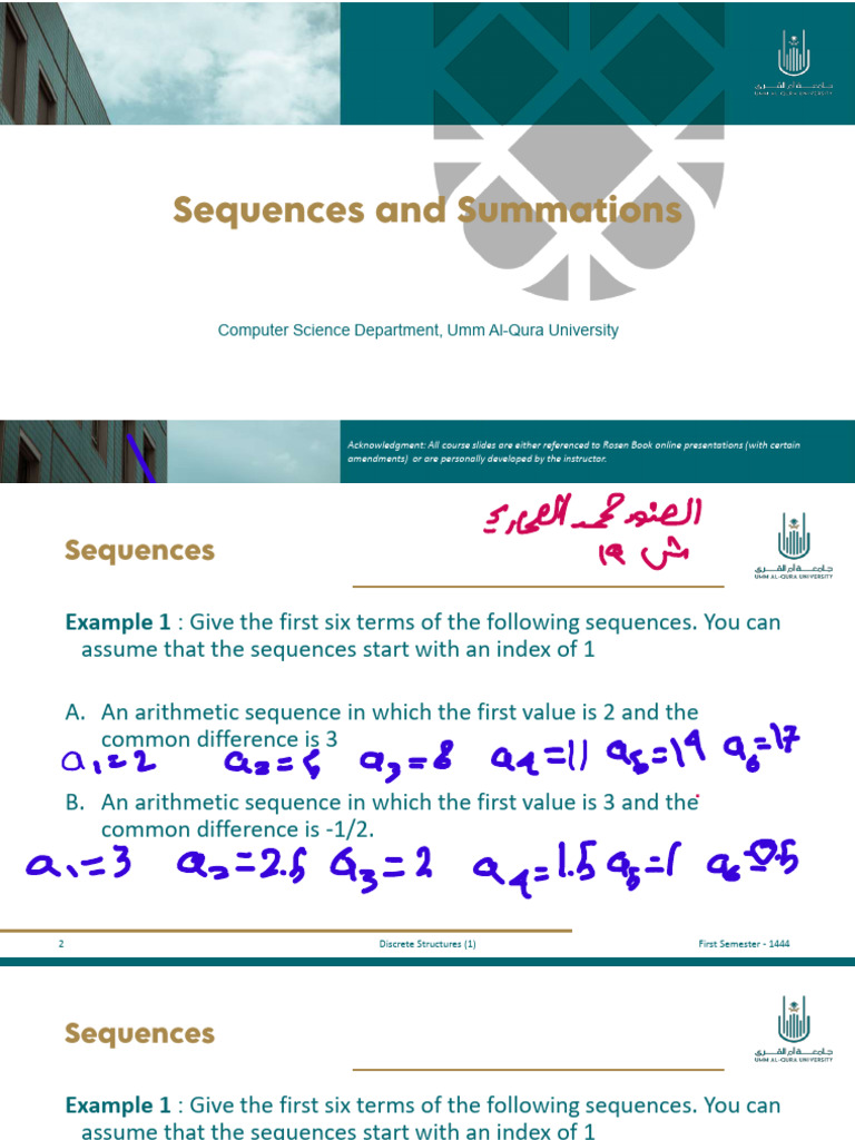 07 9a Sequences Sums - Examples | PDF | Sequence | Mathematical Concepts