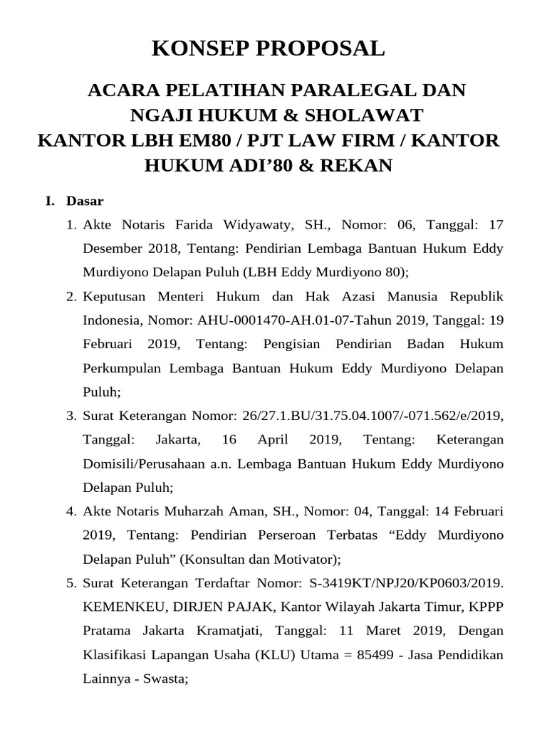 Konsep Proposal Acara Pelatihan Paralegal - Ngaji Hukum Dan Sholawat LBH EM80 - PJT Law Firm ...