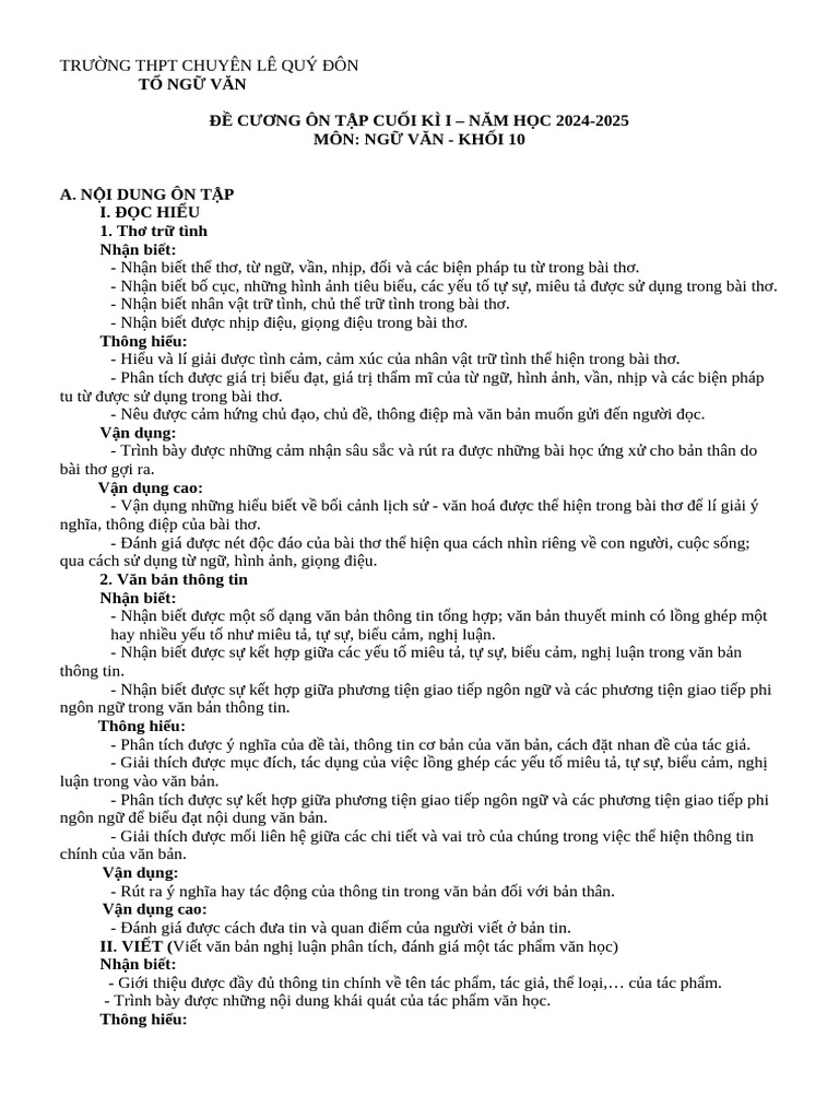 ĐỀ CƯƠNG CK1 (NGU VAN) - K10 2024-2025 | PDF