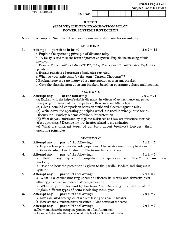 Btech Ee 7 Sem Power System Protection Ree702 2022 | PDF | Relay ...
