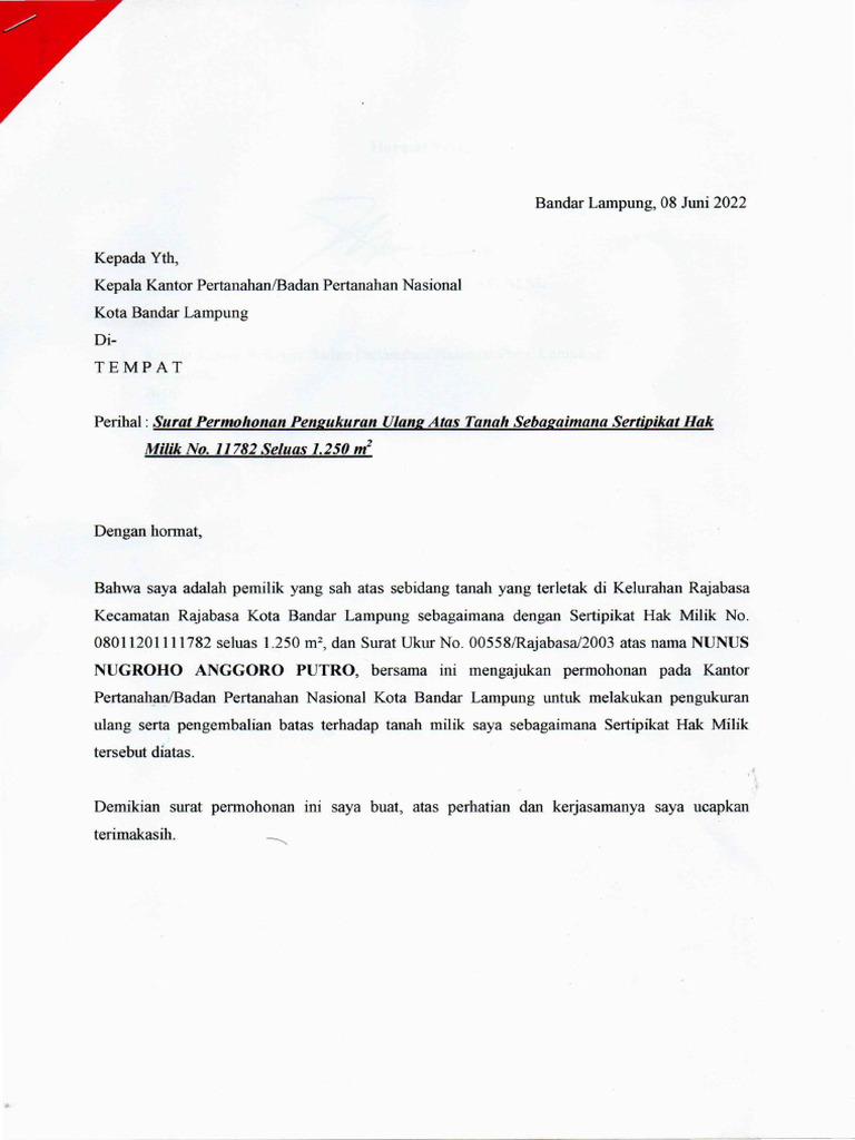 Surat Permohonan Pengukuran Tanah | PDF