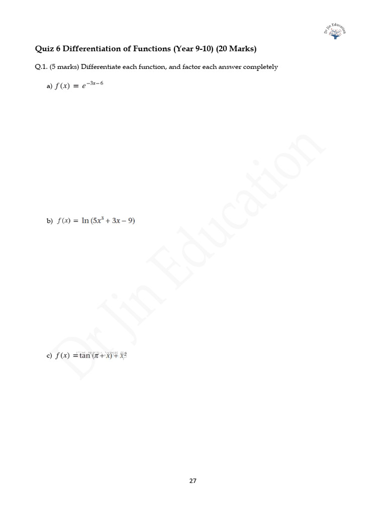 Y910 Quiz 5 Differentiation of Functions | PDF