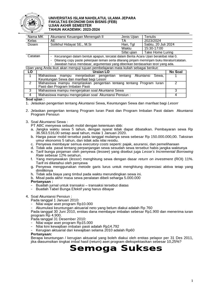 Soal UAS AKM II SMTR Genap R2 2023-2024 | PDF