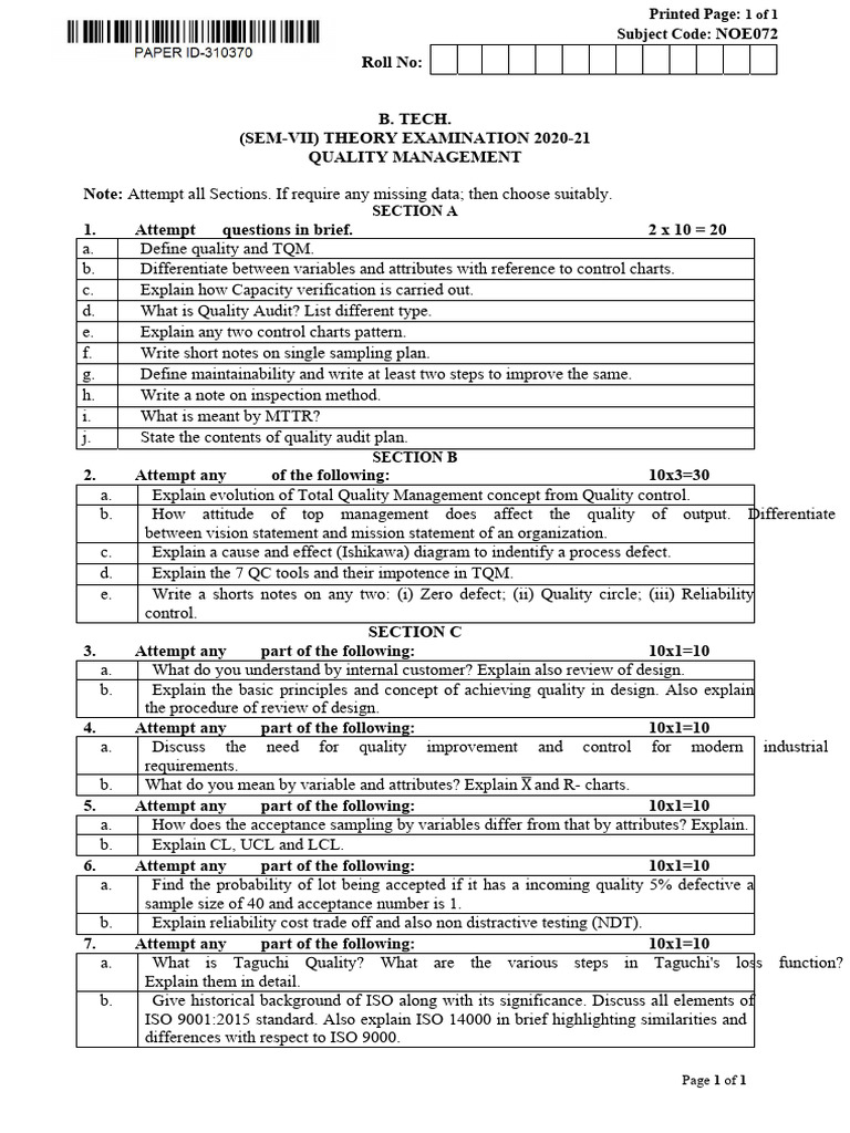 btech-oe-7-sem-quality-management-noe072-2021 | PDF | Quality ...