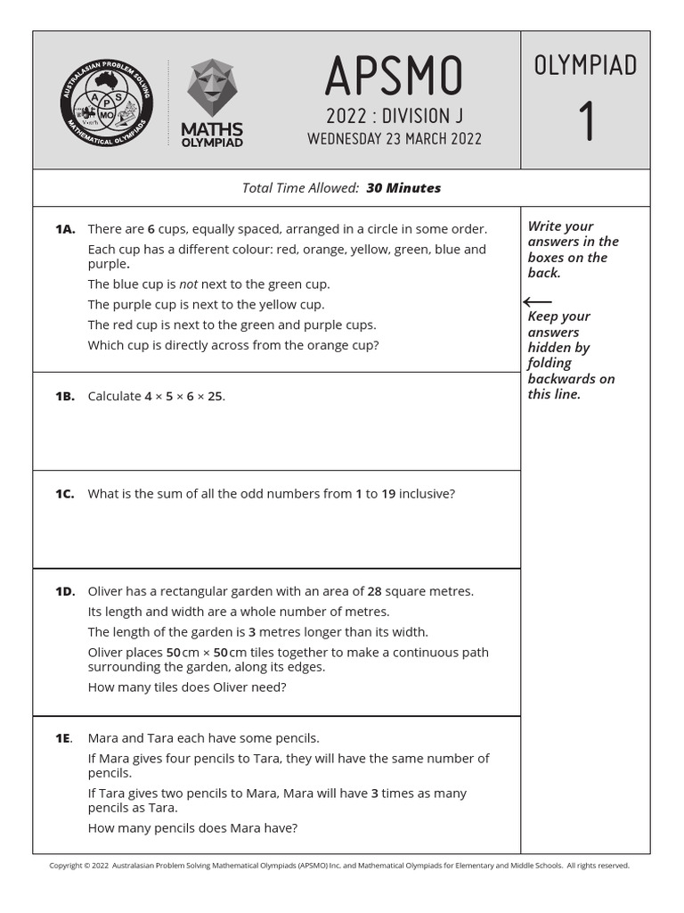 “apsmo 2022 Y5-6”的副本 | PDF | Length | Mathematics