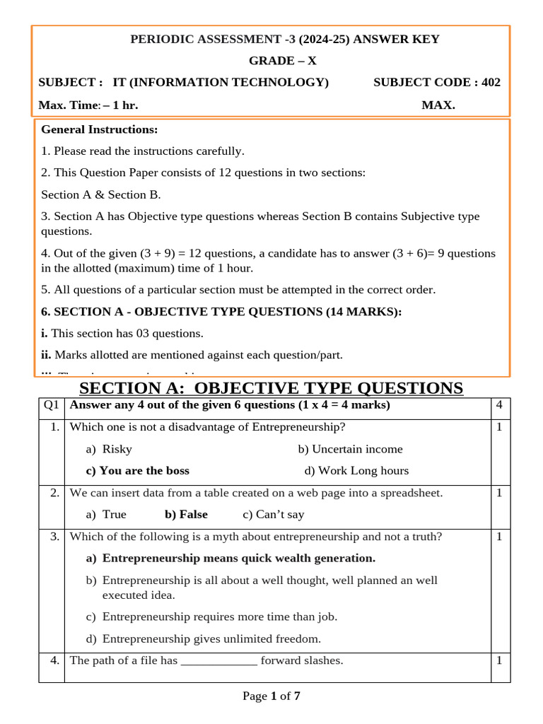 10 IT PA3 Revision paper (Answer Key) | PDF | Spreadsheet | Entrepreneurship